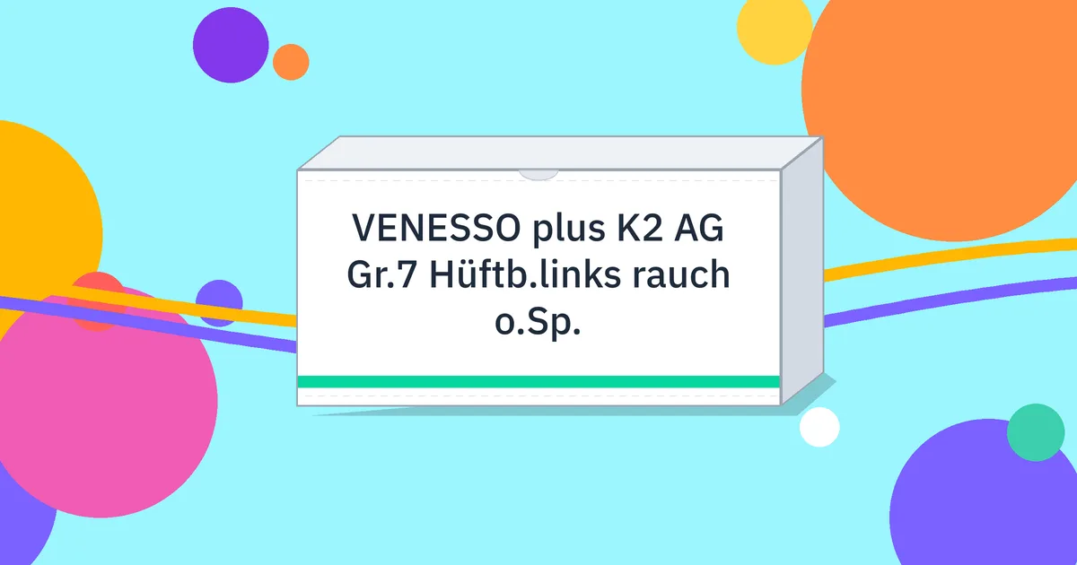Symbolbild: Packung mit der Aufschrift VENESSO plus K2 AG Gr.7 Hüftb.links rauch o.Sp. (PZN 03301162) – Verfügbarkeit und Bezug in Apotheken in Frankfurt am Main