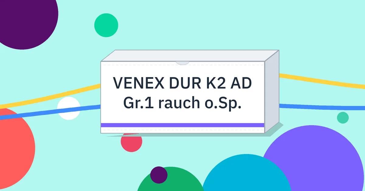 Symbolbild: Packung mit der Aufschrift VENEX DUR K2 AD Gr.1 rauch o.Sp. (PZN 03210726) – Verfügbarkeit und Bezug in Apotheken in Frankfurt am Main