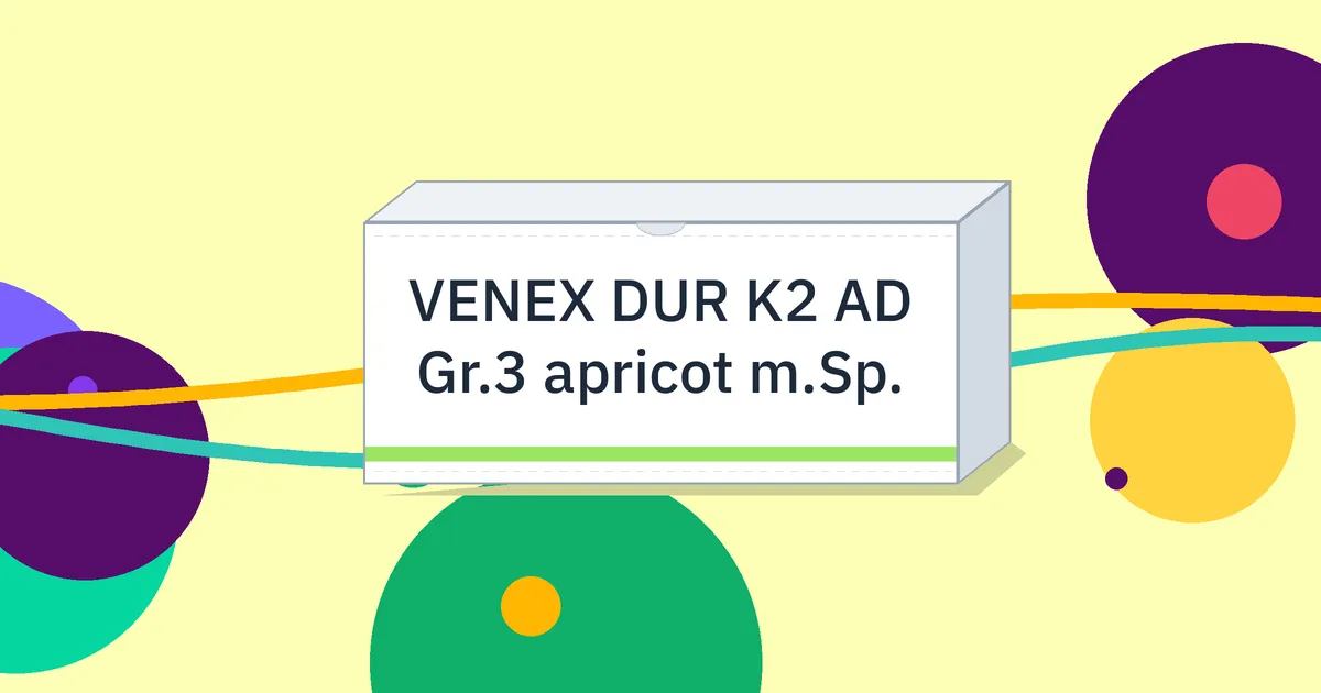 Symbolbild: Packung mit der Aufschrift VENEX DUR K2 AD Gr.3 apricot m.Sp. (PZN 03208971) – Verfügbarkeit und Bezug in Apotheken in Frankfurt am Main