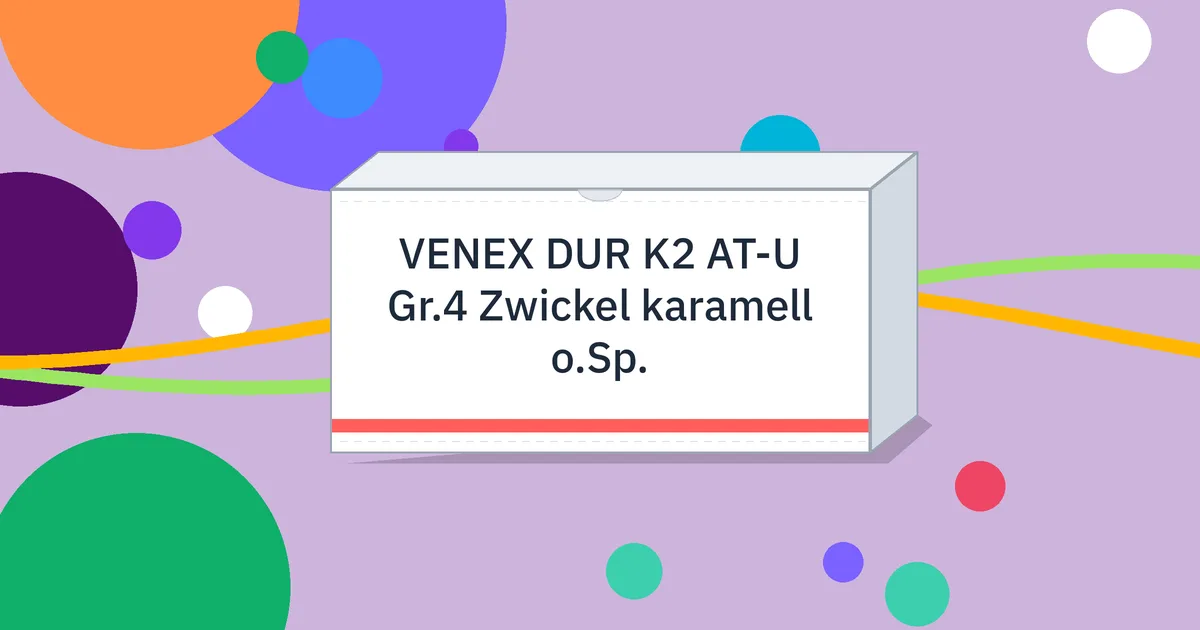 Symbolbild: Packung mit der Aufschrift VENEX DUR K2 AT-U Gr.4 Zwickel karamell o.Sp. (PZN 13759583) – Verfügbarkeit und Bezug in Apotheken in Frankfurt am Main