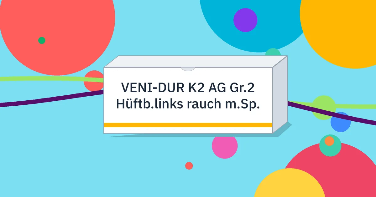 Symbolbild: Packung mit der Aufschrift VENI-DUR K2 AG Gr.2 Hüftb.links rauch m.Sp. (PZN 03248769) – Verfügbarkeit und Bezug in Apotheken in Frankfurt am Main