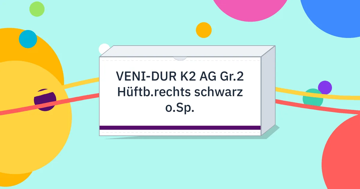 Symbolbild: Packung mit der Aufschrift VENI-DUR K2 AG Gr.2 Hüftb.rechts schwarz o.Sp. (PZN 03254385) – Verfügbarkeit und Bezug in Apotheken in Frankfurt am Main
