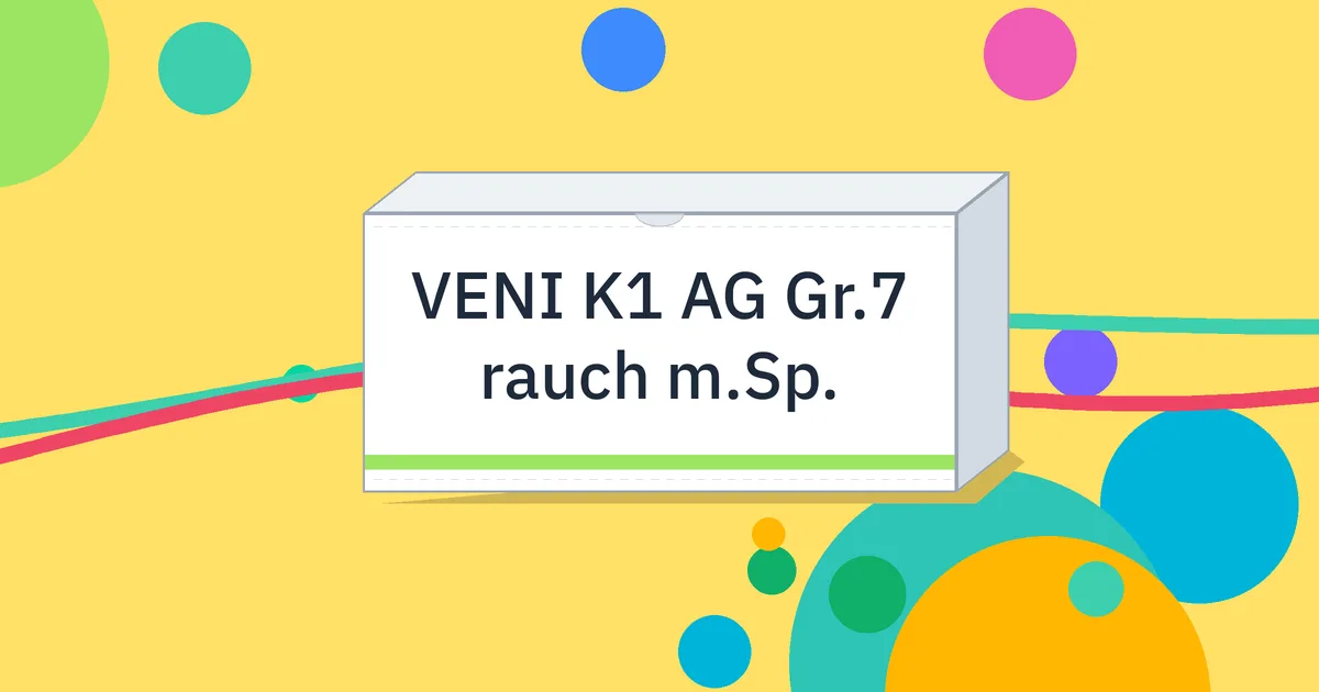 Symbolbild: Packung mit der Aufschrift VENI K1 AG Gr.7 rauch m.Sp. (PZN 00597245) – Verfügbarkeit und Bezug in Apotheken in Frankfurt am Main