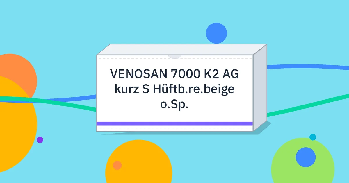 Symbolbild: Packung mit der Aufschrift VENOSAN 7000 K2 AG kurz S Hüftb.re.beige o.Sp. (PZN 14434682) – Verfügbarkeit und Bezug in Apotheken in Frankfurt am Main