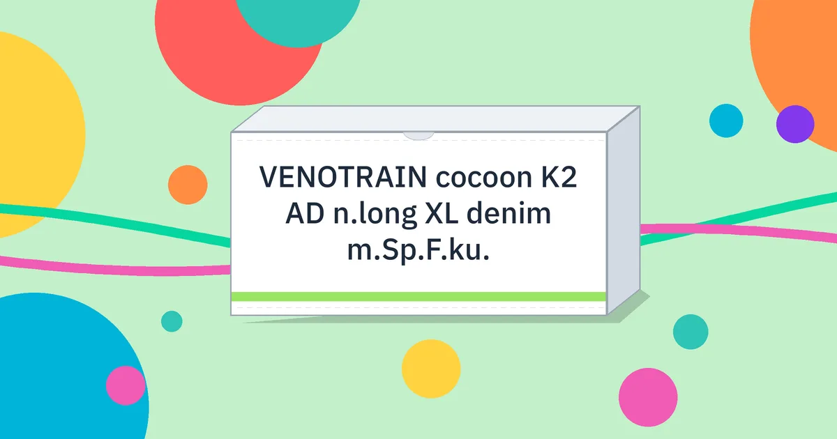 Symbolbild: Packung mit der Aufschrift VENOTRAIN cocoon K2 AD n.long XL denim m.Sp.F.ku. (PZN 19198950) – Verfügbarkeit und Bezug in Apotheken in Frankfurt am Main