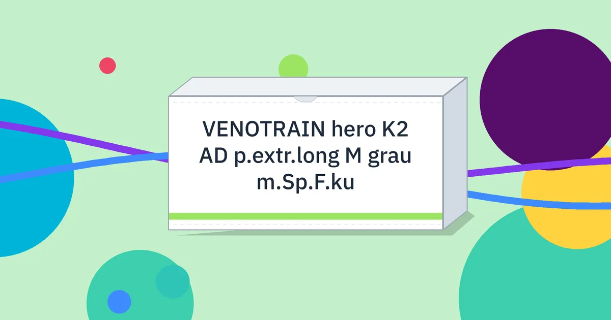Symbolbild: Packung mit der Aufschrift VENOTRAIN hero K2 AD p.extr.long M grau m.Sp.F.ku (PZN 19190380) – Verfügbarkeit und Bezug in Apotheken in Frankfurt am Main