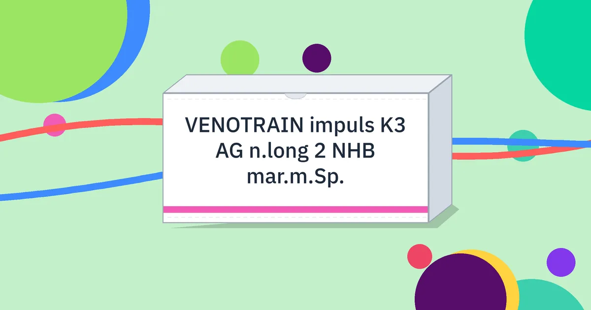 Symbolbild: Packung mit der Aufschrift VENOTRAIN impuls K3 AG n.long 2 NHB mar.m.Sp. (PZN 15215278) – Verfügbarkeit und Bezug in Apotheken in Frankfurt am Main