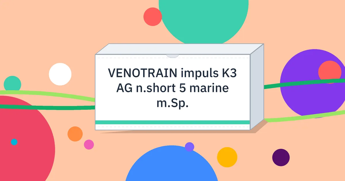 Symbolbild: Packung mit der Aufschrift VENOTRAIN impuls K3 AG n.short 5 marine m.Sp. (PZN 15212877) – Verfügbarkeit und Bezug in Apotheken in Frankfurt am Main