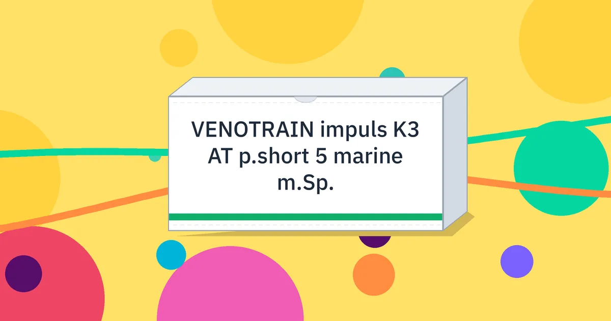 Symbolbild: Packung mit der Aufschrift VENOTRAIN impuls K3 AT p.short 5 marine m.Sp. (PZN 19355705) – Verfügbarkeit und Bezug in Apotheken in Frankfurt am Main