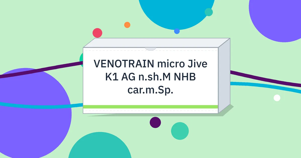 Symbolbild: Packung mit der Aufschrift VENOTRAIN micro Jive K1 AG n.sh.M NHB car.m.Sp. (PZN 17764115) – Verfügbarkeit und Bezug in Apotheken in Frankfurt am Main