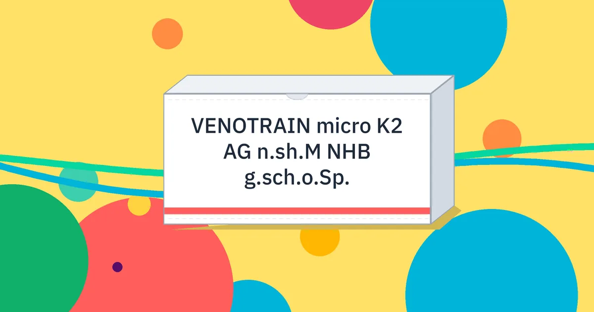 Symbolbild: Packung mit der Aufschrift VENOTRAIN micro K2 AG n.sh.M NHB g.sch.o.Sp. (PZN 06050217) – Verfügbarkeit und Bezug in Apotheken in Frankfurt am Main