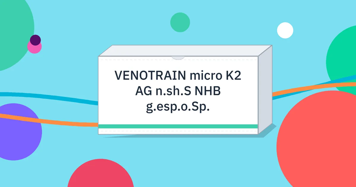 Symbolbild: Packung mit der Aufschrift VENOTRAIN micro K2 AG n.sh.S NHB g.esp.o.Sp. (PZN 06050559) – Verfügbarkeit und Bezug in Apotheken in Frankfurt am Main