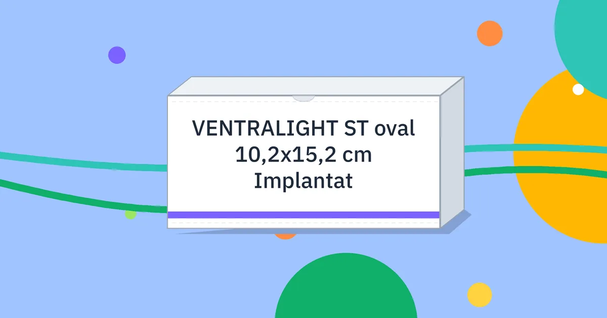 Symbolbild: Packung mit der Aufschrift VENTRALIGHT ST oval 10,2x15,2 cm Implantat (PZN 09067508) – Verfügbarkeit und Bezug in Apotheken in Frankfurt am Main