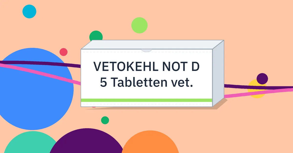 Symbolbild: Packung mit der Aufschrift VETOKEHL NOT D 5 Tabletten vet. (PZN 04599666) – Verfügbarkeit und Bezug in Apotheken in Frankfurt am Main