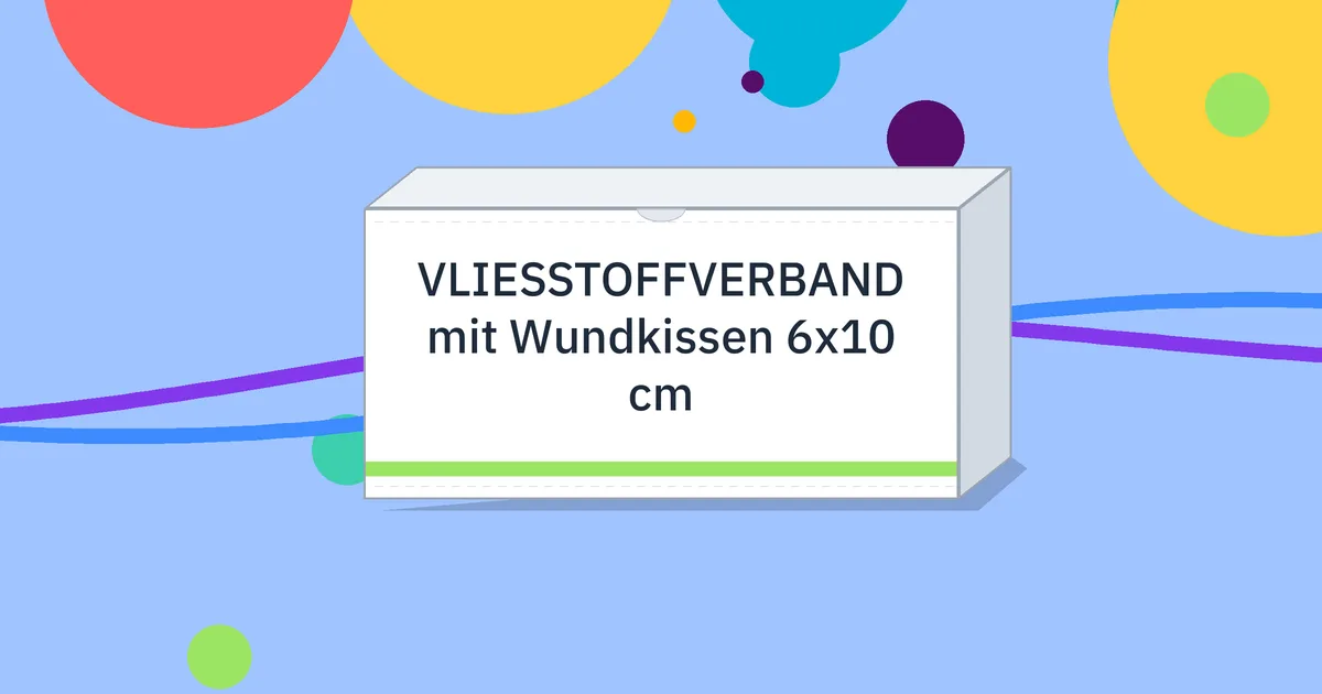 Symbolbild: Packung mit der Aufschrift VLIESSTOFFVERBAND mit Wundkissen 6x10 cm (PZN 18260032) – Verfügbarkeit und Bezug in Apotheken in Frankfurt am Main