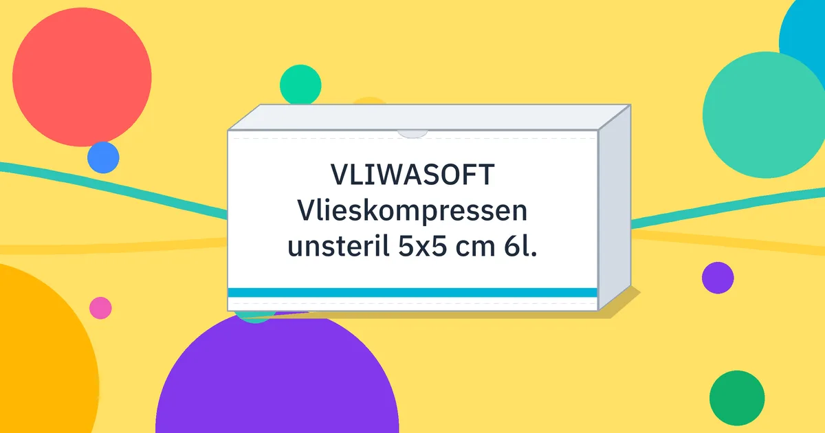 Symbolbild: Packung mit der Aufschrift VLIWASOFT Vlieskompressen unsteril 5x5 cm 6l. (PZN 15431444) – Verfügbarkeit und Bezug in Apotheken in Frankfurt am Main
