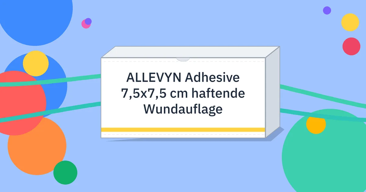 Symbolbild: Packung mit der Aufschrift ALLEVYN Adhesive 7,5x7,5 cm haftende Wundauflage (PZN 17163433) – Verfügbarkeit und Bezug in Apotheken in Frankfurt am Main
