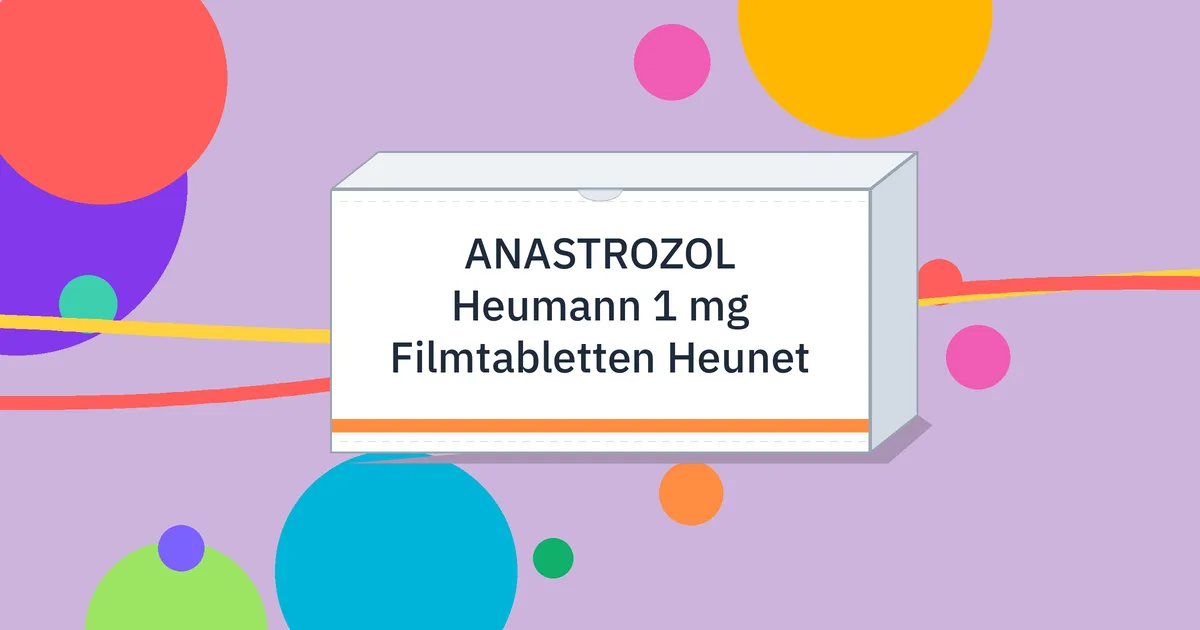 Symbolbild: Packung mit der Aufschrift ANASTROZOL Heumann 1 mg Filmtabletten Heunet (PZN 09505658) – Verfügbarkeit und Bezug in Apotheken in Frankfurt am Main