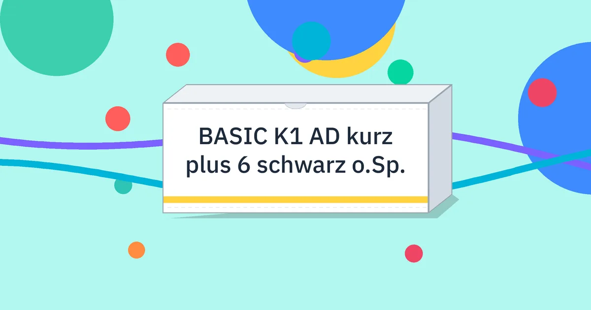 Symbolbild: Packung mit der Aufschrift BASIC K1 AD kurz plus 6 schwarz o.Sp. (PZN 20259148) – Verfügbarkeit und Bezug in Apotheken in Frankfurt am Main