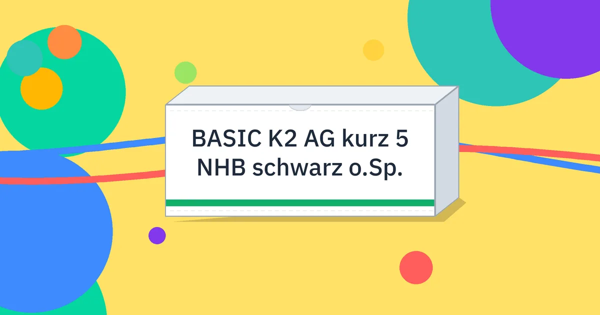 Symbolbild: Packung mit der Aufschrift BASIC K2 AG kurz 5 NHB schwarz o.Sp. (PZN 20267857) – Verfügbarkeit und Bezug in Apotheken in Frankfurt am Main