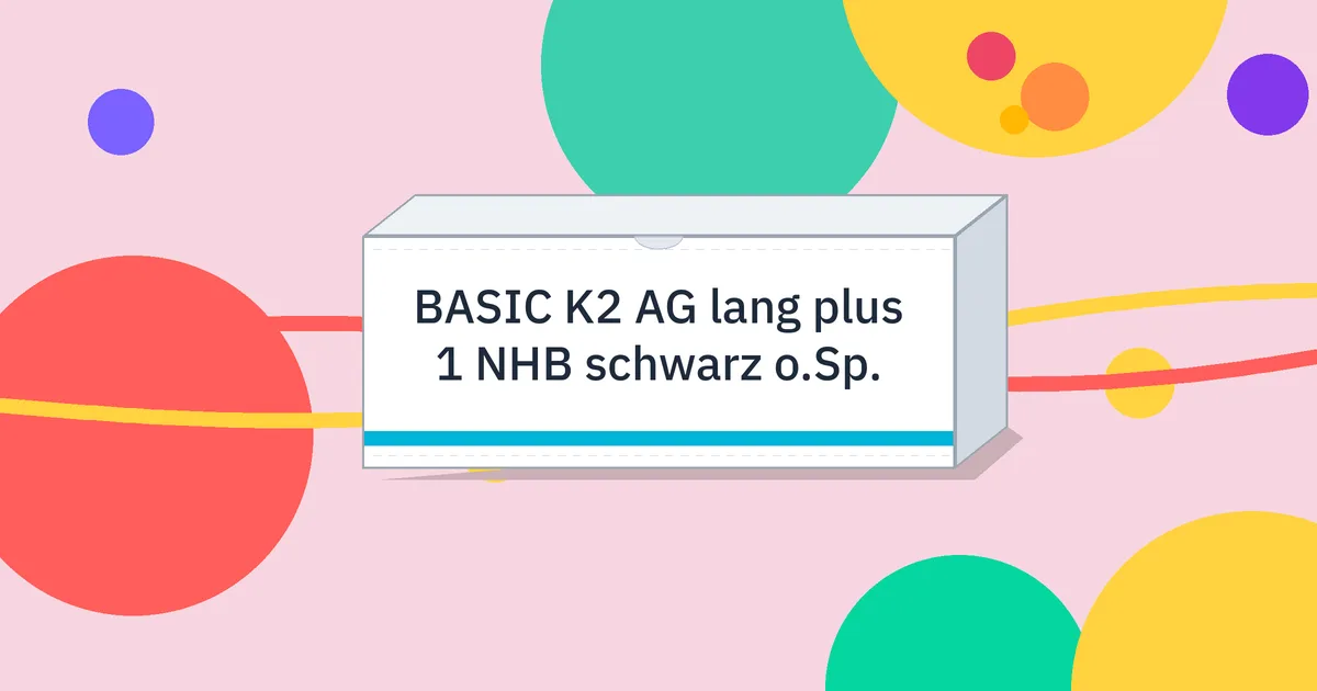 Symbolbild: Packung mit der Aufschrift BASIC K2 AG lang plus 1 NHB schwarz o.Sp. (PZN 20266102) – Verfügbarkeit und Bezug in Apotheken in Frankfurt am Main