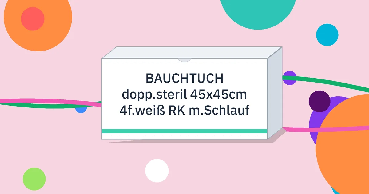 Symbolbild: Packung mit der Aufschrift BAUCHTUCH dopp.steril 45x45cm 4f.weiß RK m.Schlauf (PZN 13166417) – Verfügbarkeit und Bezug in Apotheken in Frankfurt am Main