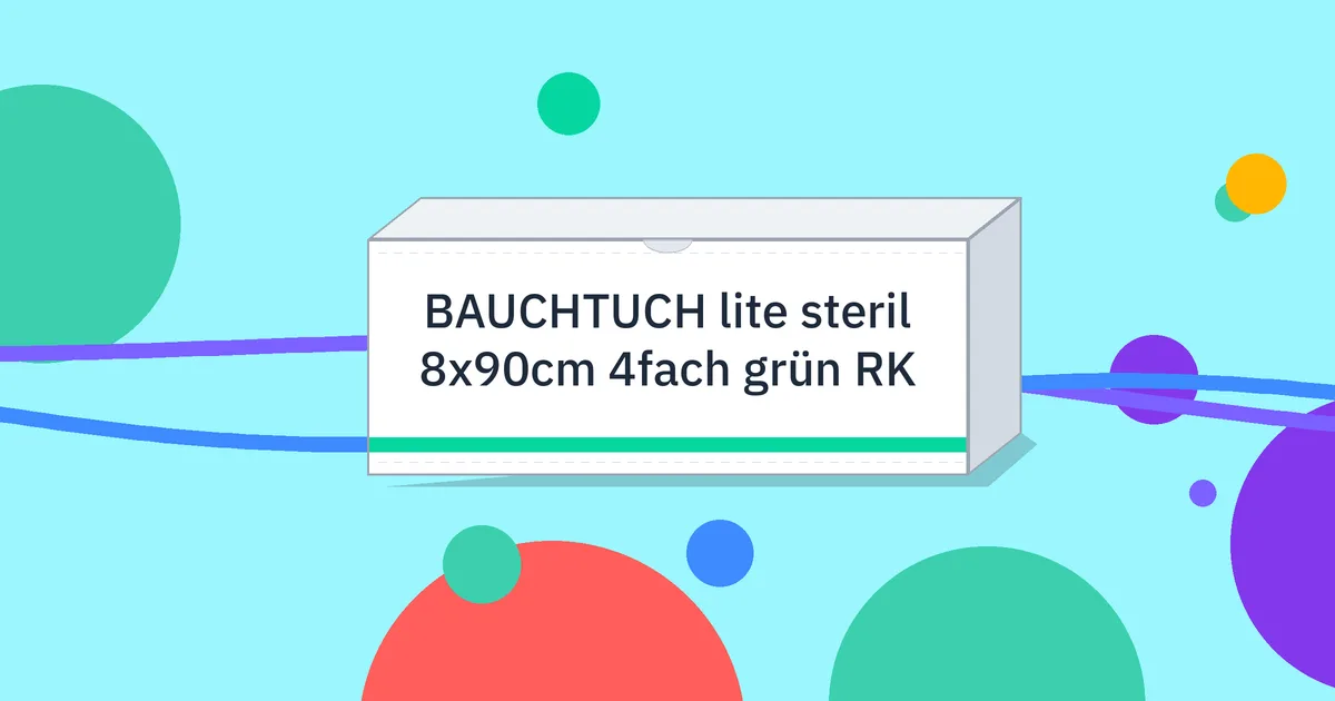 Symbolbild: Packung mit der Aufschrift BAUCHTUCH lite steril 8x90cm 4fach grün RK (PZN 18797163) – Verfügbarkeit und Bezug in Apotheken in Frankfurt am Main