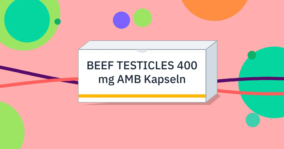 Symbolbild: Packung mit der Aufschrift BEEF TESTICLES 400 mg AMB Kapseln (PZN 19540302) – Verfügbarkeit und Bezug in Apotheken in Frankfurt am Main