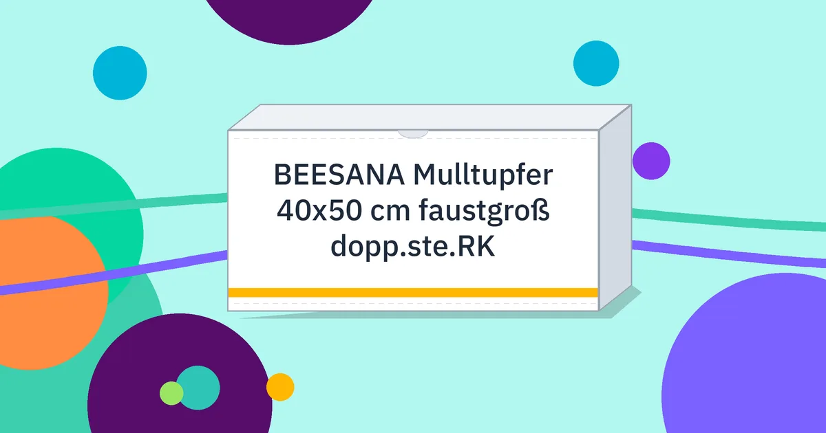 Symbolbild: Packung mit der Aufschrift BEESANA Mulltupfer 40x50 cm faustgroß dopp.ste.RK (PZN 13165168) – Verfügbarkeit und Bezug in Apotheken in Frankfurt am Main