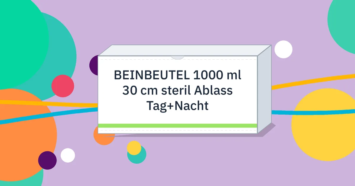 Symbolbild: Packung mit der Aufschrift BEINBEUTEL 1000 ml 30 cm steril Ablass Tag+Nacht (PZN 18021416) – Verfügbarkeit und Bezug in Apotheken in Frankfurt am Main