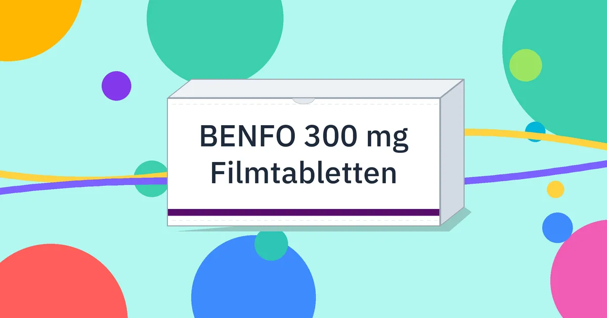 Symbolbild: Packung mit der Aufschrift BENFO 300 mg Filmtabletten (PZN 16586806) – Verfügbarkeit und Bezug in Apotheken in Frankfurt am Main