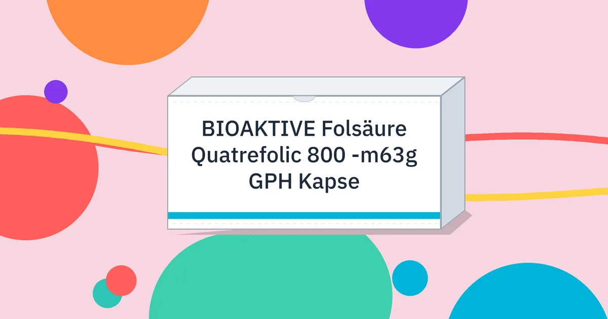 Symbolbild: Packung mit der Aufschrift BIOAKTIVE Folsäure Quatrefolic 800 -m63g GPH Kapse (PZN 18310362) – Verfügbarkeit und Bezug in Apotheken in Frankfurt am Main