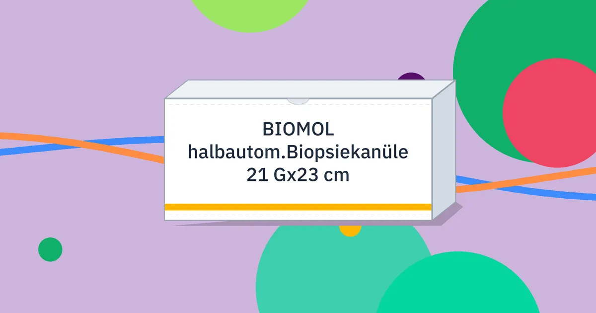 Symbolbild: Packung mit der Aufschrift BIOMOL halbautom.Biopsiekanüle 21 Gx23 cm (PZN 06123896) – Verfügbarkeit und Bezug in Apotheken in Frankfurt am Main