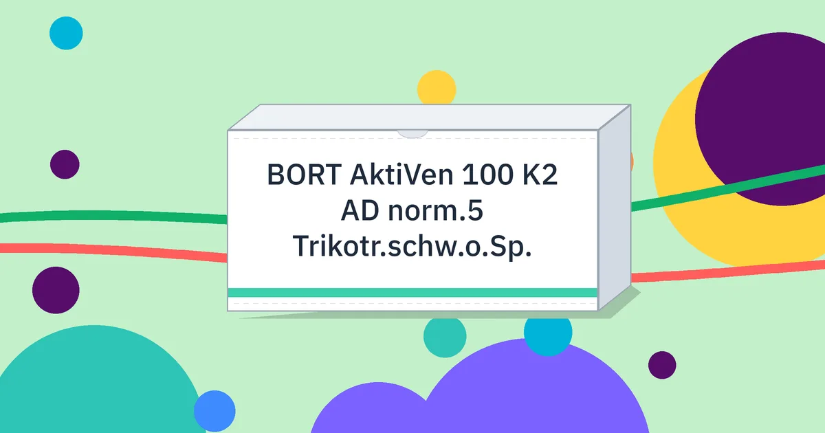 Symbolbild: Packung mit der Aufschrift BORT AktiVen 100 K2 AD norm.5 Trikotr.schw.o.Sp. (PZN 14386575) – Verfügbarkeit und Bezug in Apotheken in Frankfurt am Main