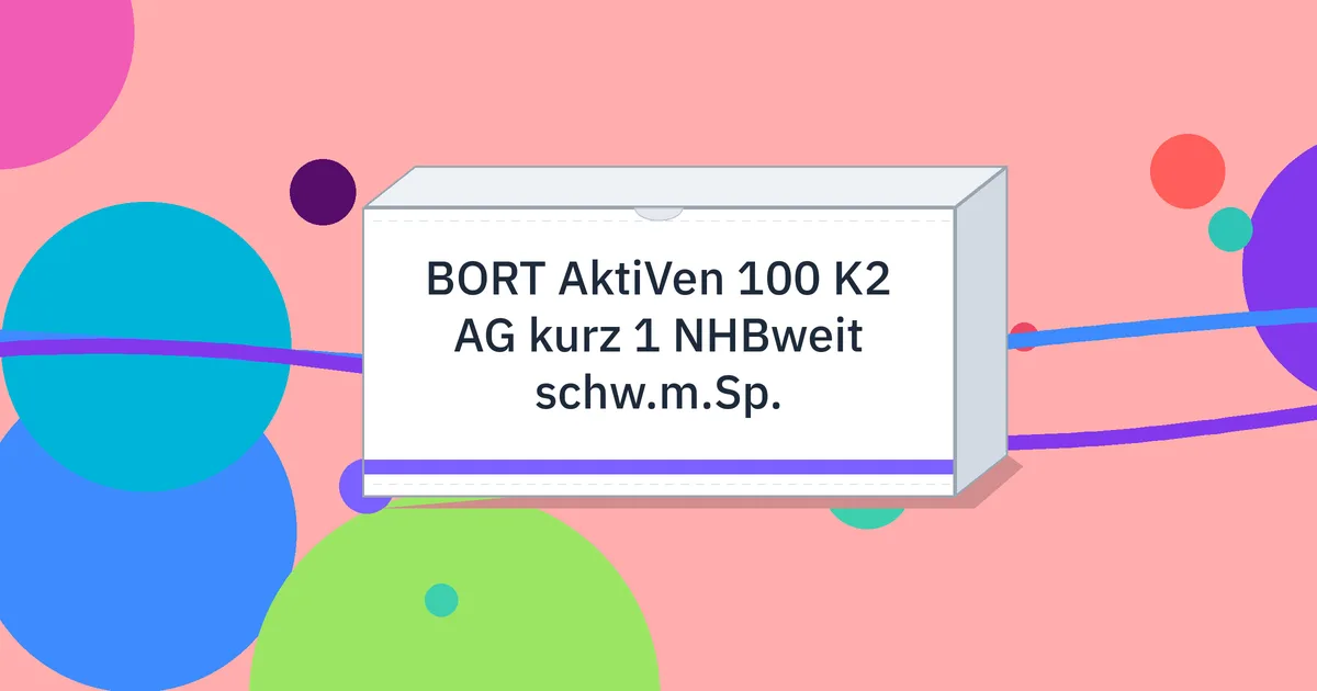 Symbolbild: Packung mit der Aufschrift BORT AktiVen 100 K2 AG kurz 1 NHBweit schw.m.Sp. (PZN 14388120) – Verfügbarkeit und Bezug in Apotheken in Frankfurt am Main