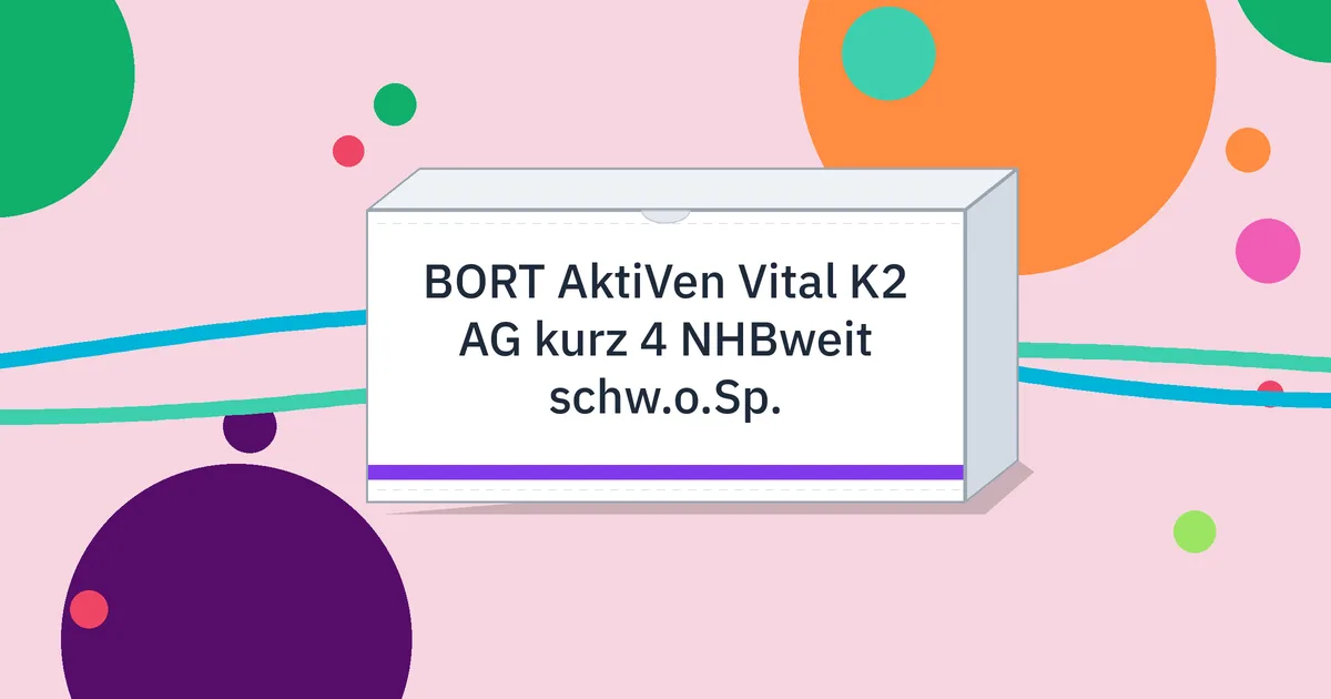 Symbolbild: Packung mit der Aufschrift BORT AktiVen Vital K2 AG kurz 4 NHBweit schw.o.Sp. (PZN 12384922) – Verfügbarkeit und Bezug in Apotheken in Frankfurt am Main
