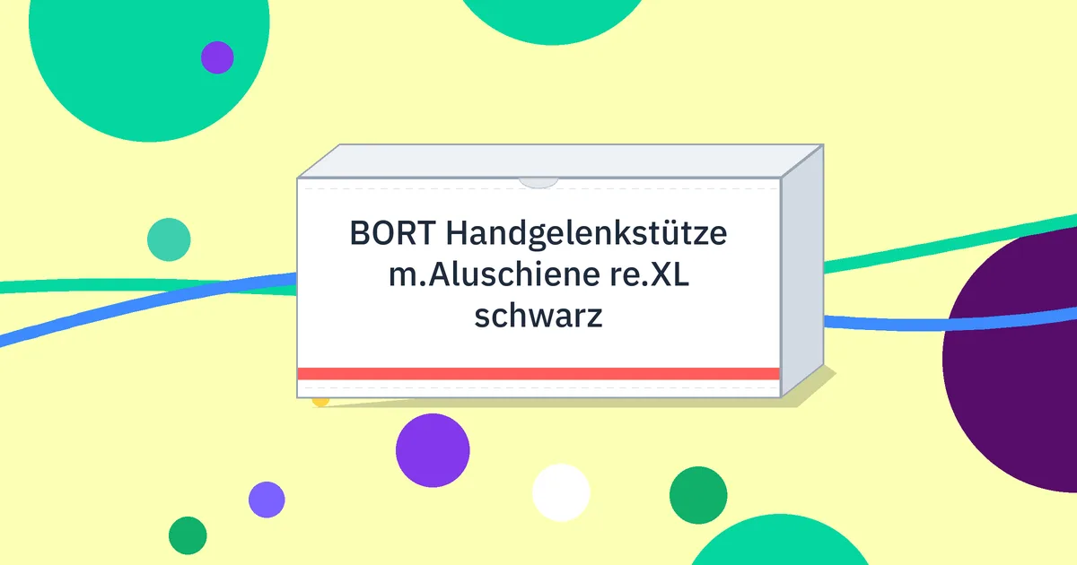 Symbolbild: Packung mit der Aufschrift BORT Handgelenkstütze m.Aluschiene re.XL schwarz (PZN 05539413) – Verfügbarkeit und Bezug in Apotheken in Frankfurt am Main
