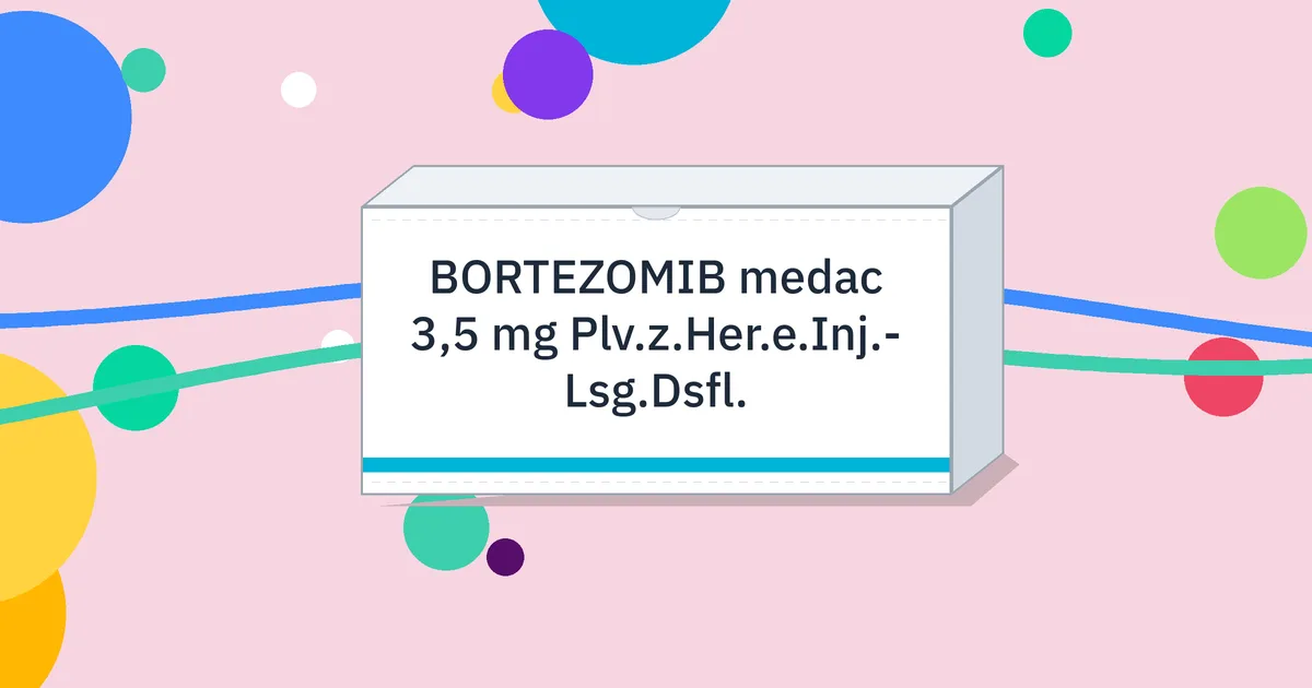 Symbolbild: Packung mit der Aufschrift BORTEZOMIB medac 3,5 mg Plv.z.Her.e.Inj.-Lsg.Dsfl. (PZN 14290875) – Verfügbarkeit und Bezug in Apotheken in Frankfurt am Main