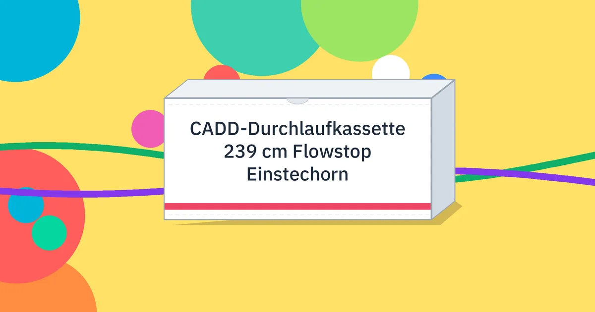 Symbolbild: Packung mit der Aufschrift CADD-Durchlaufkassette 239 cm Flowstop Einstechorn (PZN 19176210) – Verfügbarkeit und Bezug in Apotheken in Frankfurt am Main