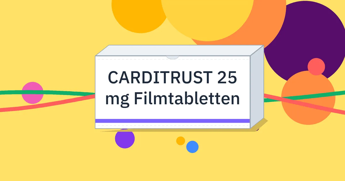 Symbolbild: Packung mit der Aufschrift CARDITRUST 25 mg Filmtabletten (PZN 19827854) – Verfügbarkeit und Bezug in Apotheken in Frankfurt am Main