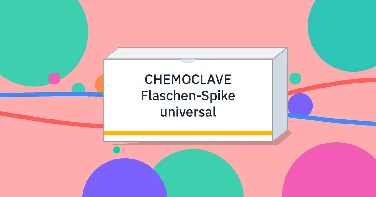 Symbolbild: Packung mit der Aufschrift CHEMOCLAVE Flaschen-Spike universal (PZN 19443444) – Verfügbarkeit und Bezug in Apotheken in Frankfurt am Main