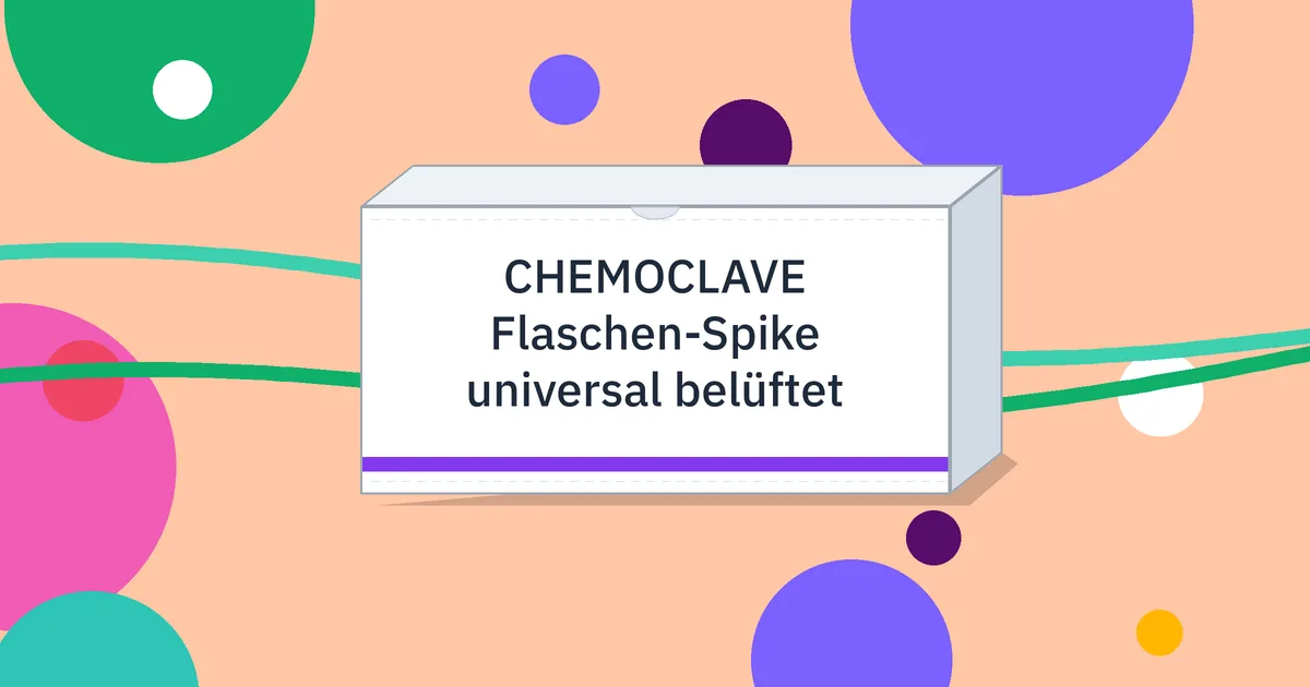 Symbolbild: Packung mit der Aufschrift CHEMOCLAVE Flaschen-Spike universal belüftet (PZN 18499632) – Verfügbarkeit und Bezug in Apotheken in Frankfurt am Main