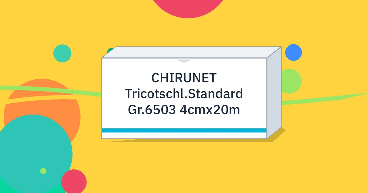 Symbolbild: Packung mit der Aufschrift CHIRUNET Tricotschl.Standard Gr.6503 4cmx20m (PZN 08536674) – Verfügbarkeit und Bezug in Apotheken in Frankfurt am Main