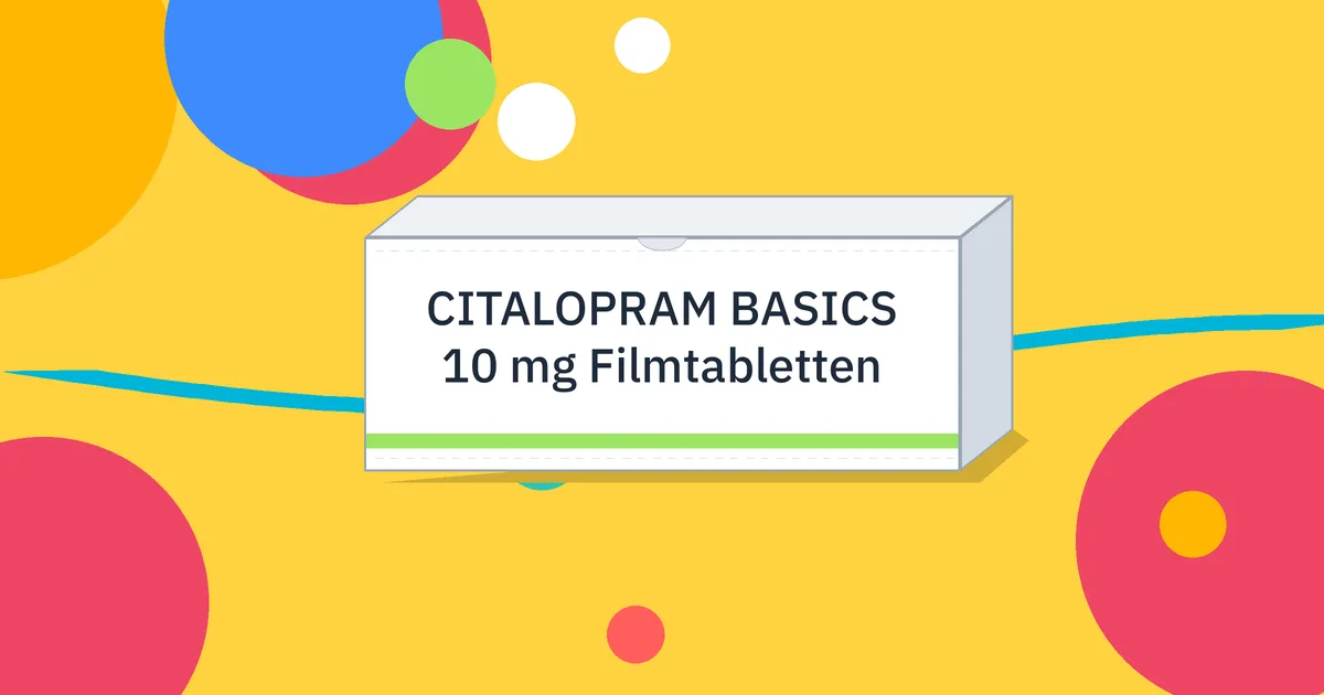 Symbolbild: Packung mit der Aufschrift CITALOPRAM BASICS 10 mg Filmtabletten (PZN 04082058) – Verfügbarkeit und Bezug in Apotheken in Frankfurt am Main