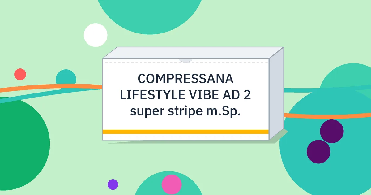 Symbolbild: Packung mit der Aufschrift COMPRESSANA LIFESTYLE VIBE AD 2 super stripe m.Sp. (PZN 18367439) – Verfügbarkeit und Bezug in Apotheken in Frankfurt am Main