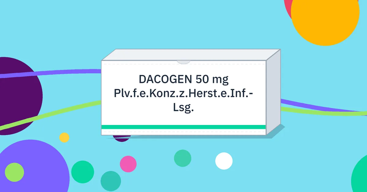 Symbolbild: Packung mit der Aufschrift DACOGEN 50 mg Plv.f.e.Konz.z.Herst.e.Inf.-Lsg. (PZN 17370480) – Verfügbarkeit und Bezug in Apotheken in Frankfurt am Main