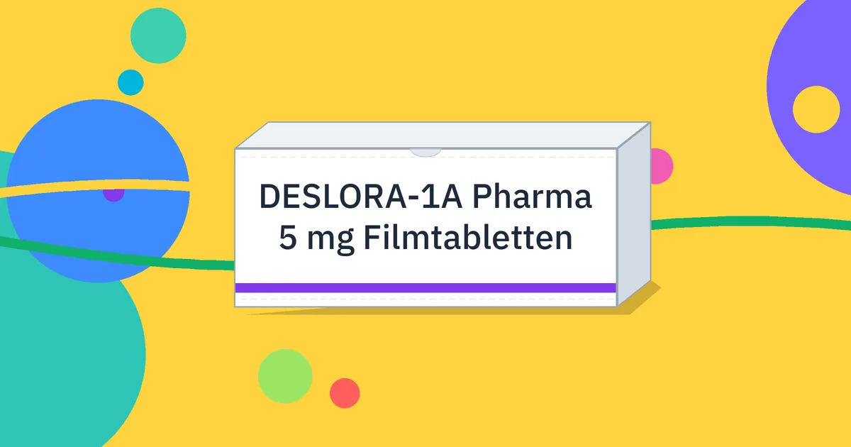 Symbolbild: Packung mit der Aufschrift DESLORA-1A Pharma 5 mg Filmtabletten (PZN 12546750) – Verfügbarkeit und Bezug in Apotheken in Frankfurt am Main