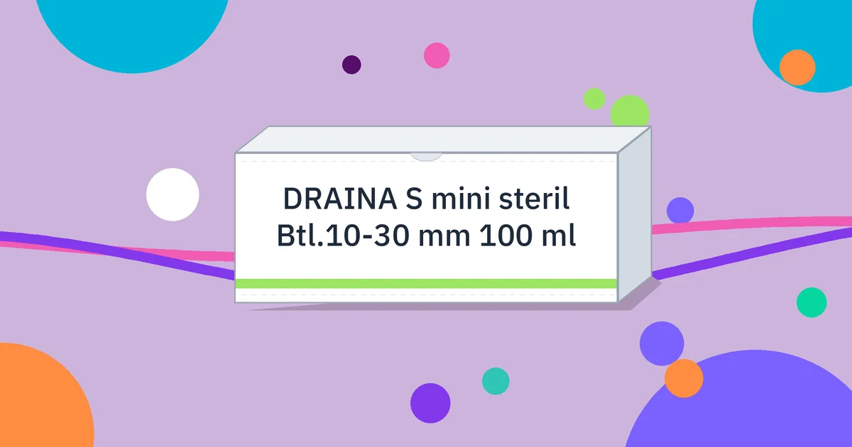 Symbolbild: Packung mit der Aufschrift DRAINA S mini steril Btl.10-30 mm 100 ml (PZN 06323690) – Verfügbarkeit und Bezug in Apotheken in Frankfurt am Main