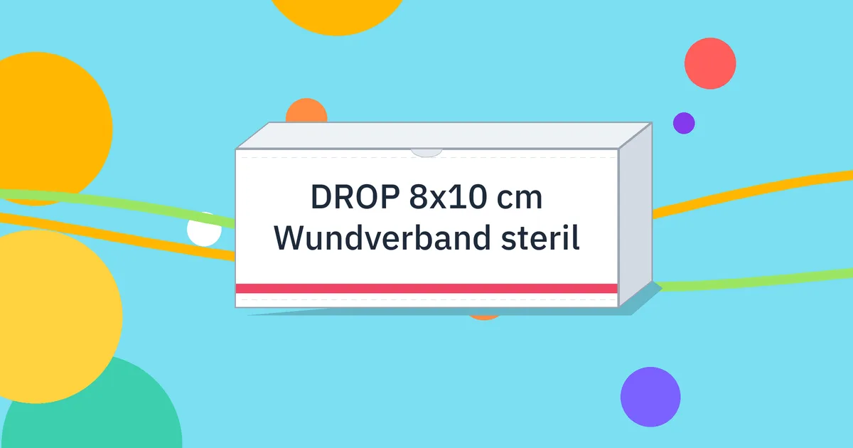 Symbolbild: Packung mit der Aufschrift DROP 8x10 cm Wundverband steril (PZN 20111693) – Verfügbarkeit und Bezug in Apotheken in Frankfurt am Main