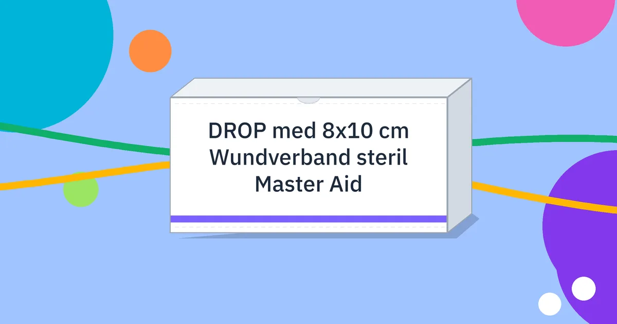 Symbolbild: Packung mit der Aufschrift DROP med 8x10 cm Wundverband steril Master Aid (PZN 00955874) – Verfügbarkeit und Bezug in Apotheken in Frankfurt am Main